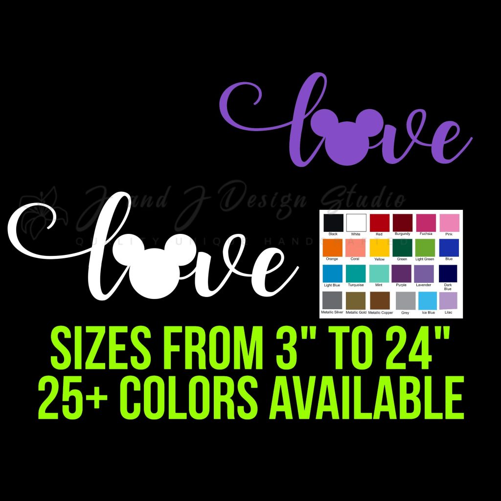 Mickey Mouse Cursive Love Vinyl Decal – Custom Size – Sports Stickers USA